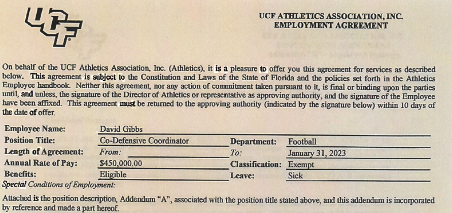 UCF Hires New Co-DC, Secondary Coach David Gibbs: Read the Agreement ...